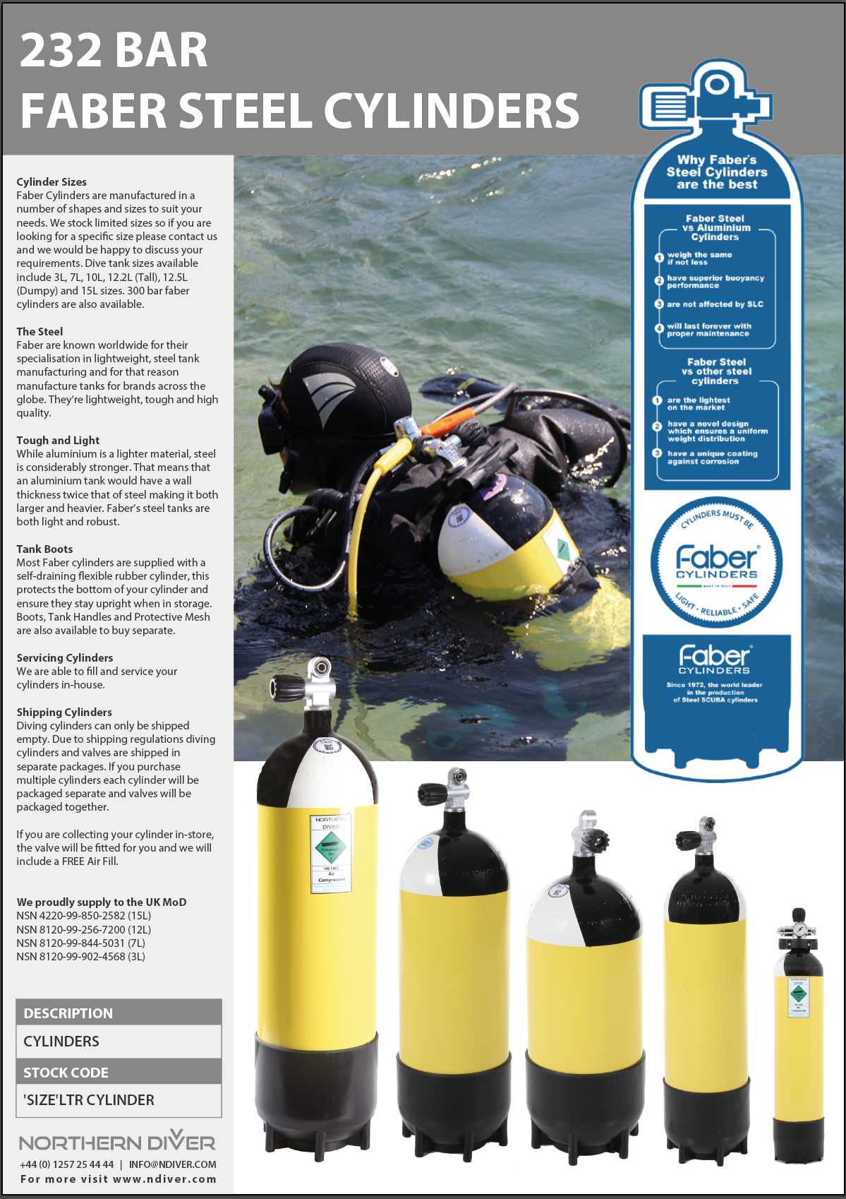 232 Bar Faber Steel Cylinder Diving Tanks | Northern Diver | NDiver
