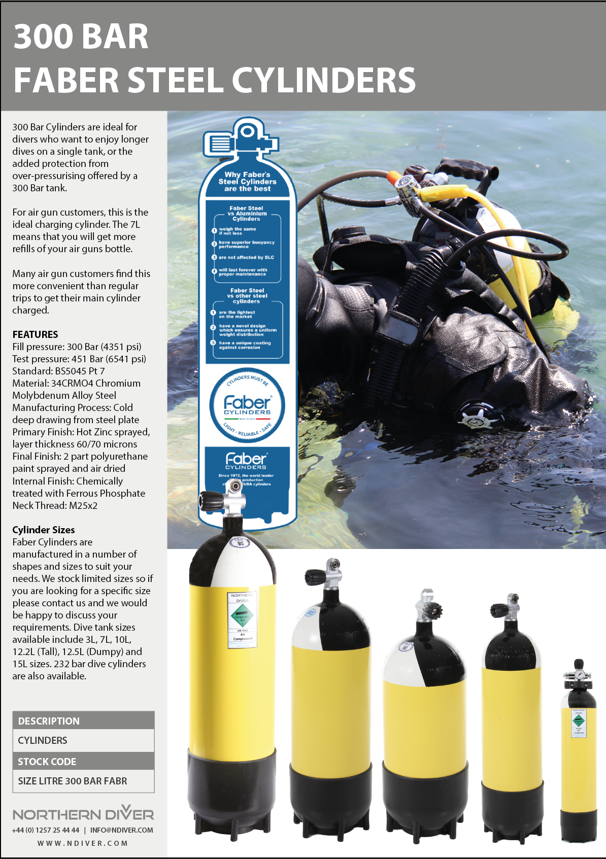 300 Bar Faber Steel Cylinder Diving Tanks | Northern Diver | NDiver