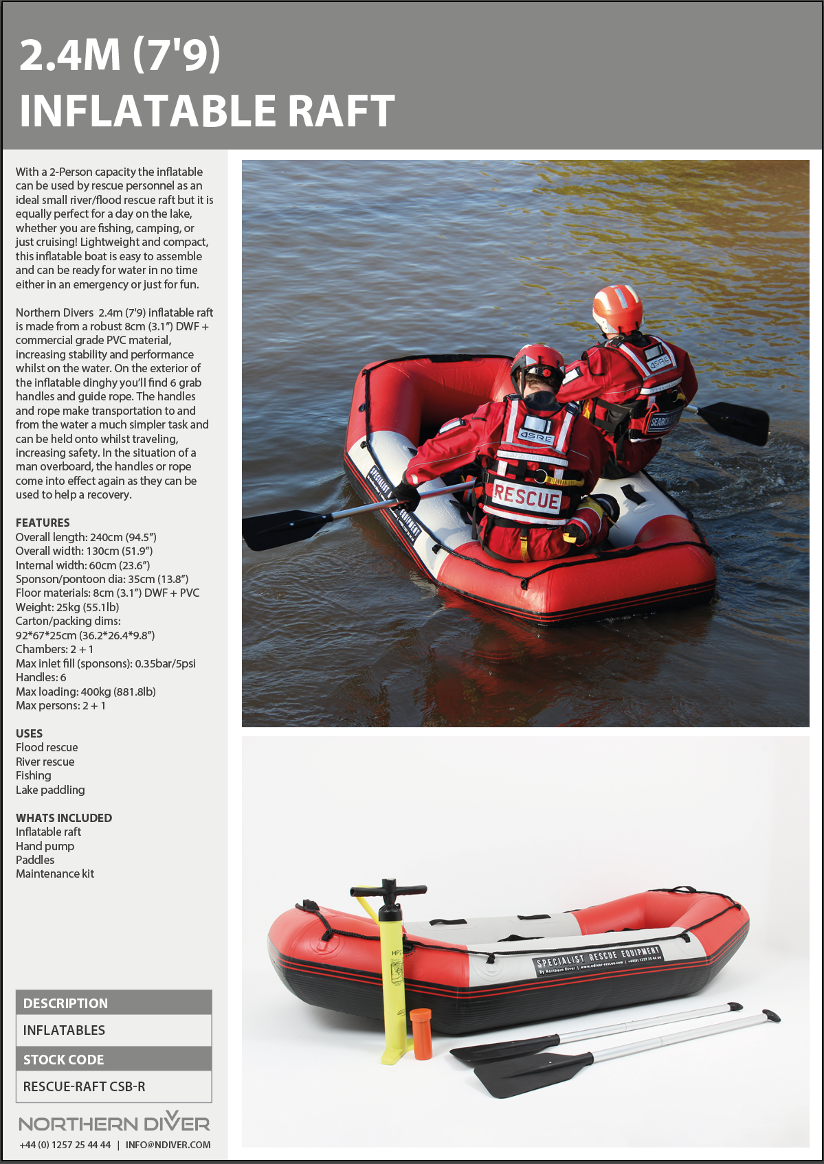 2.4m Inflatable Raft | 3-Person Capacity | Northern Diver | NDiver